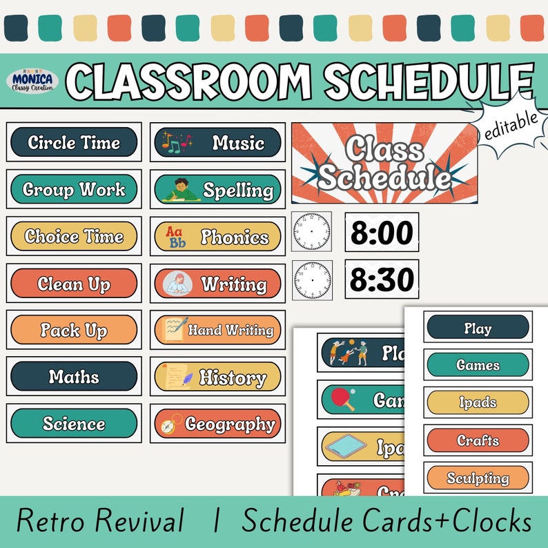 Retro Classroom Schedule Cards-groovy Class Timetable Pack-editable ...