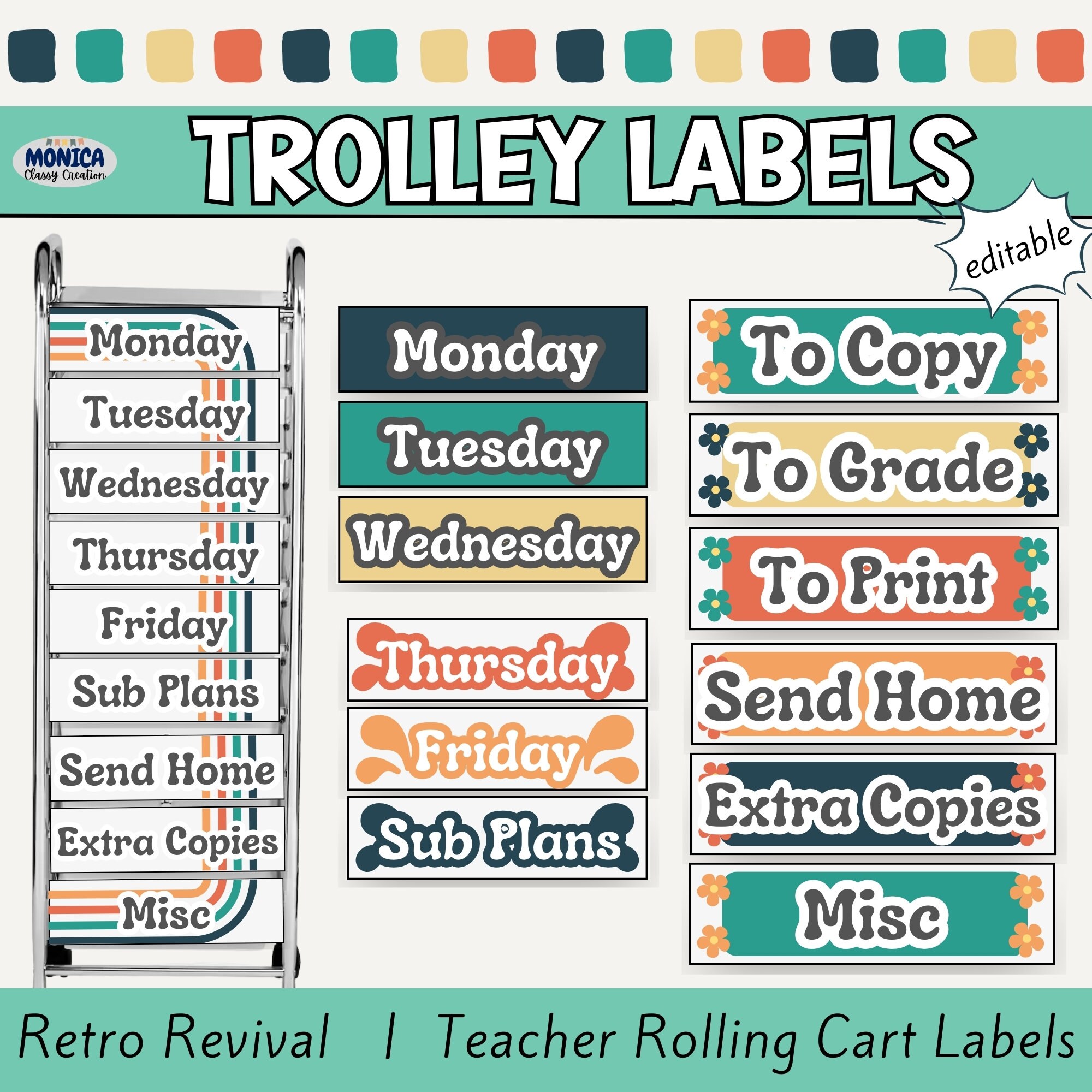 Retro 10 Drawer Trolley Cart Labels-teacher Rolling Cart Labels ...