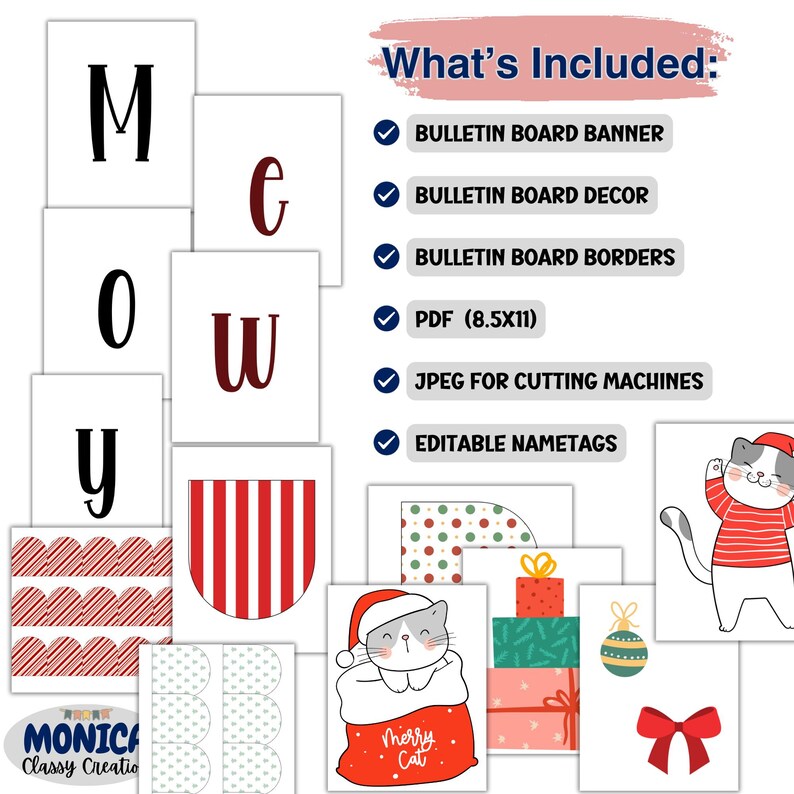 Cute Cat Bulletin Board Kit Christmas Classroom Door Decor Pink Pastel ...