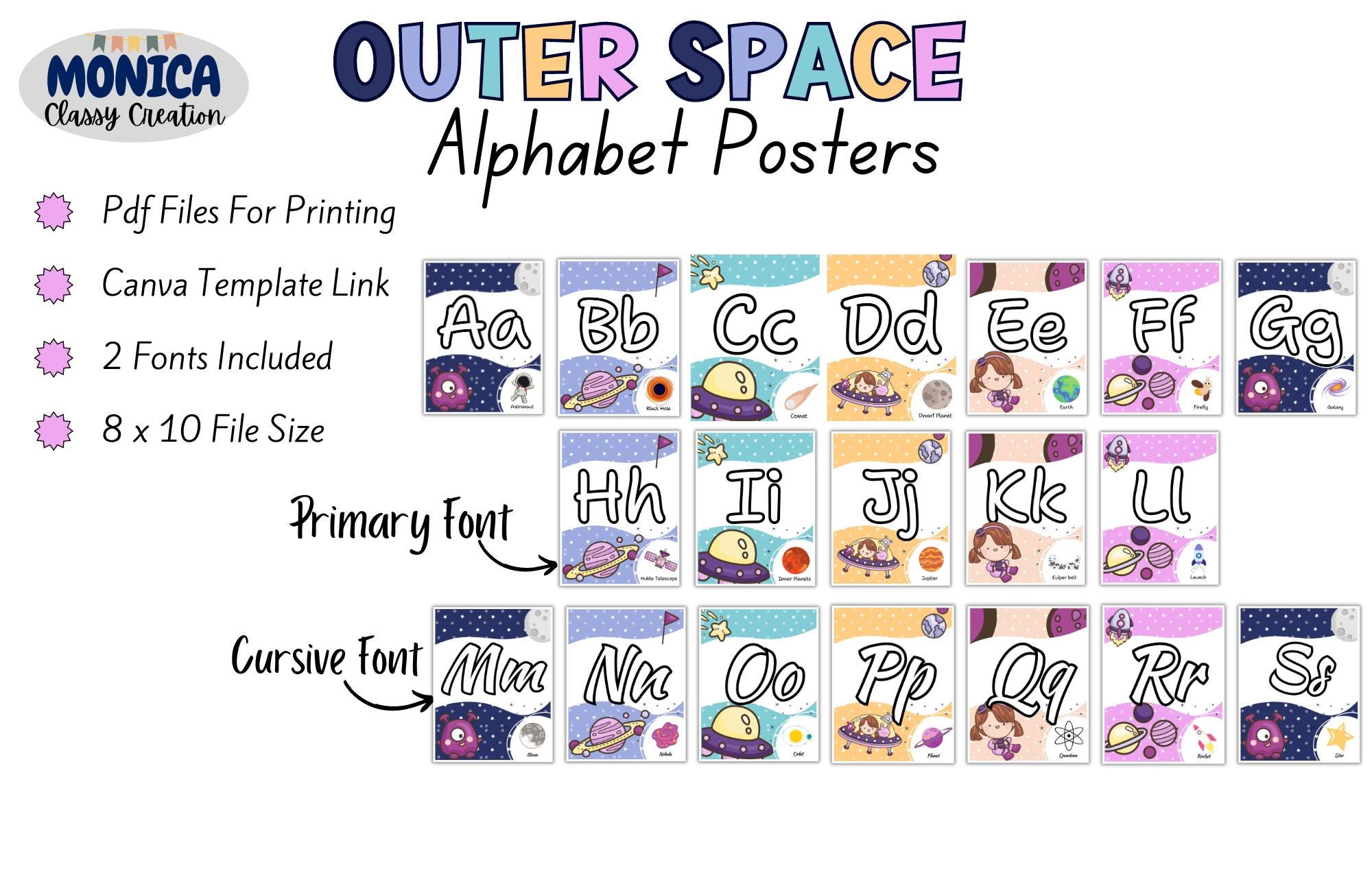 Alphabet Posters Printable Outer Space Theme Classroom Decor Cursive ...