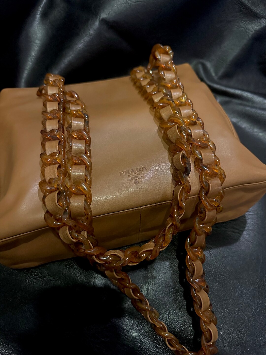 Authentic PRADA 1990 Vintage Tan Colour Resin Strap Lamb Skin Tote Bag ...