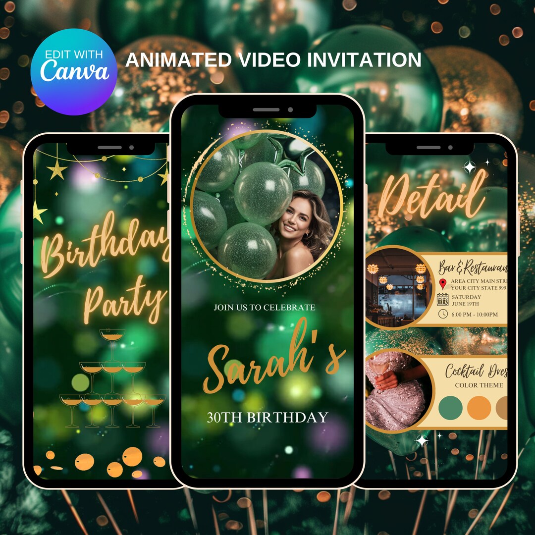 Green Animated Birthday Video Invitation: Photo Template (digital ...