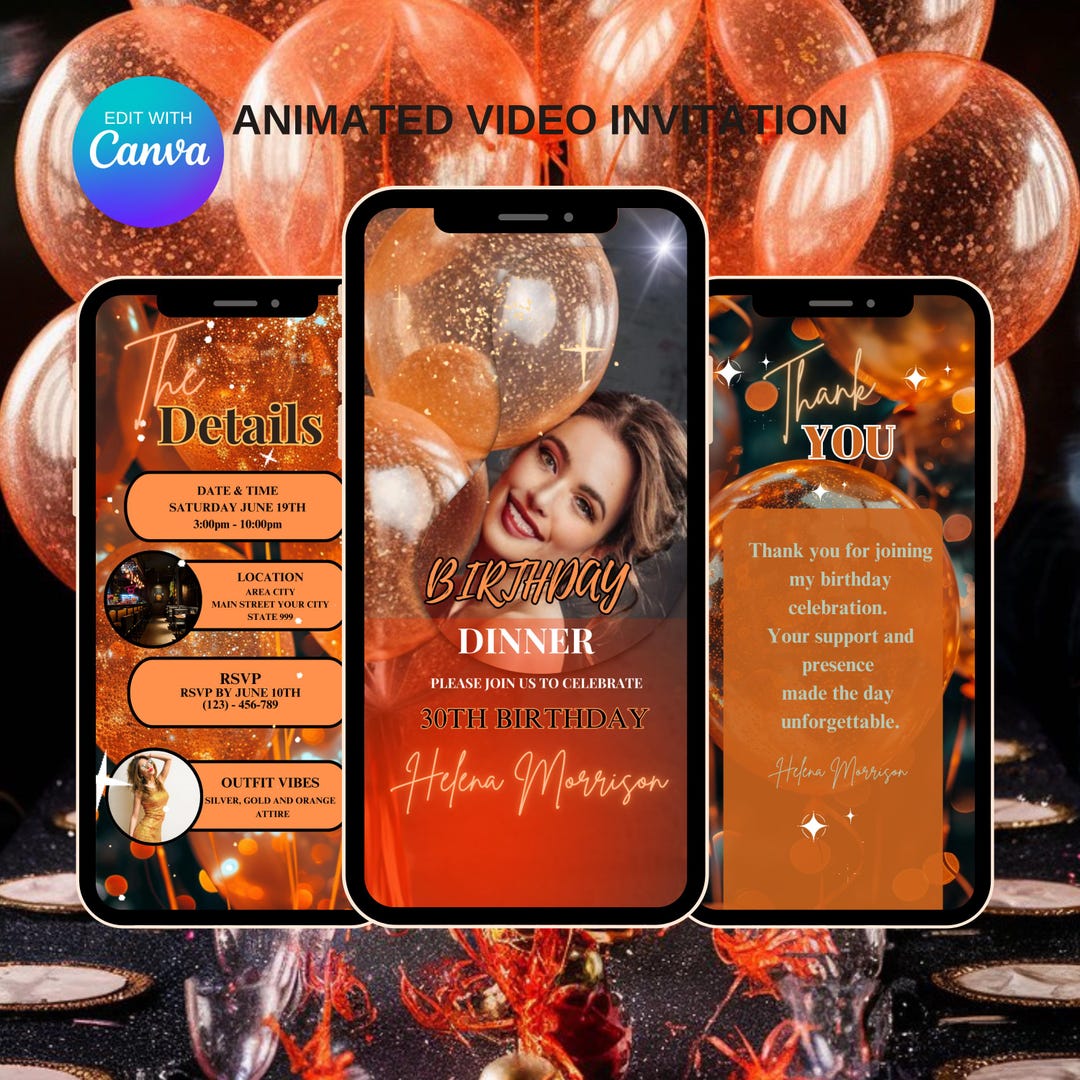 Digital Orange Birthday Dinner Invitation, Editable Dinner Invite ...