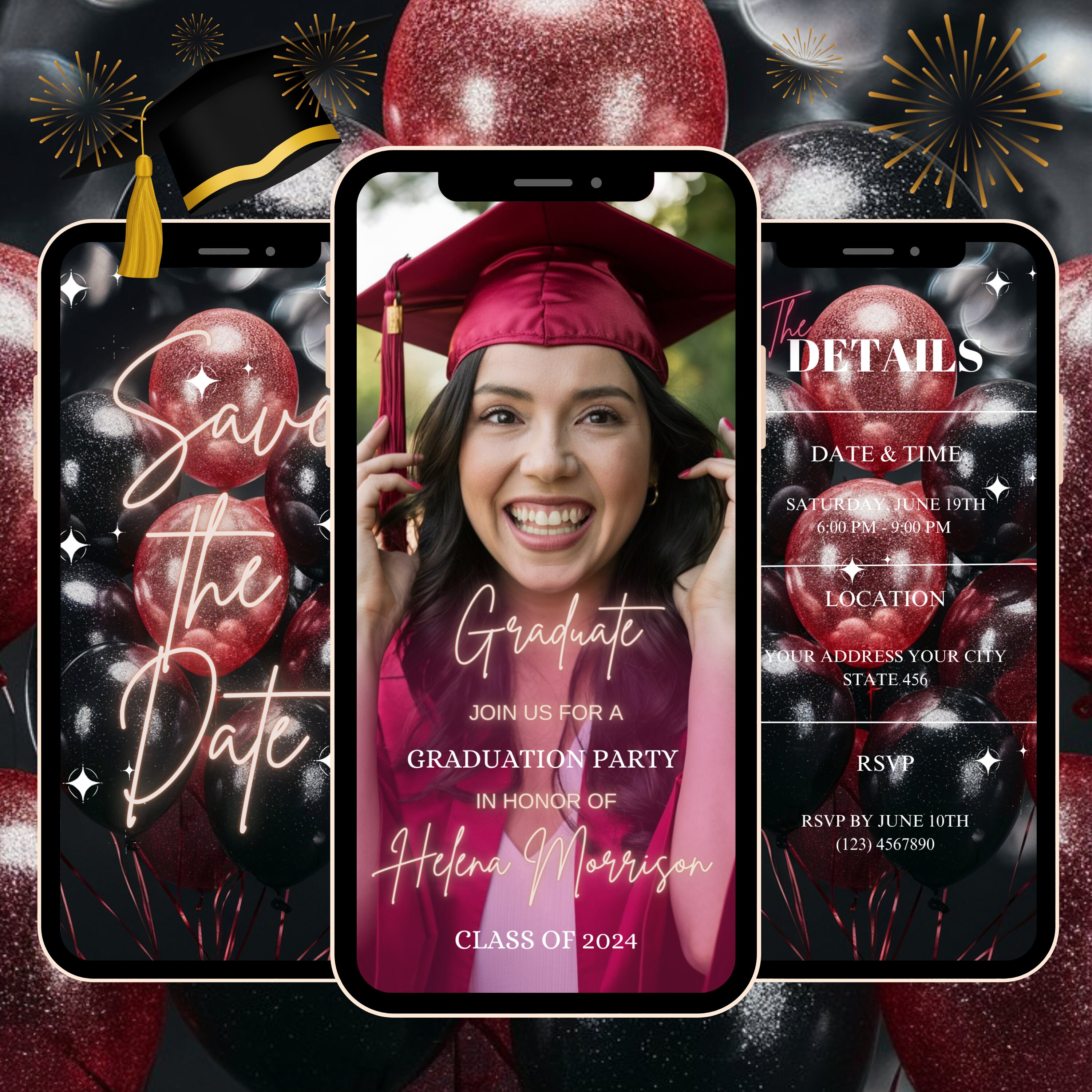 Red Graduation Invitation, Class of 2024, Editable Graduation Template ...