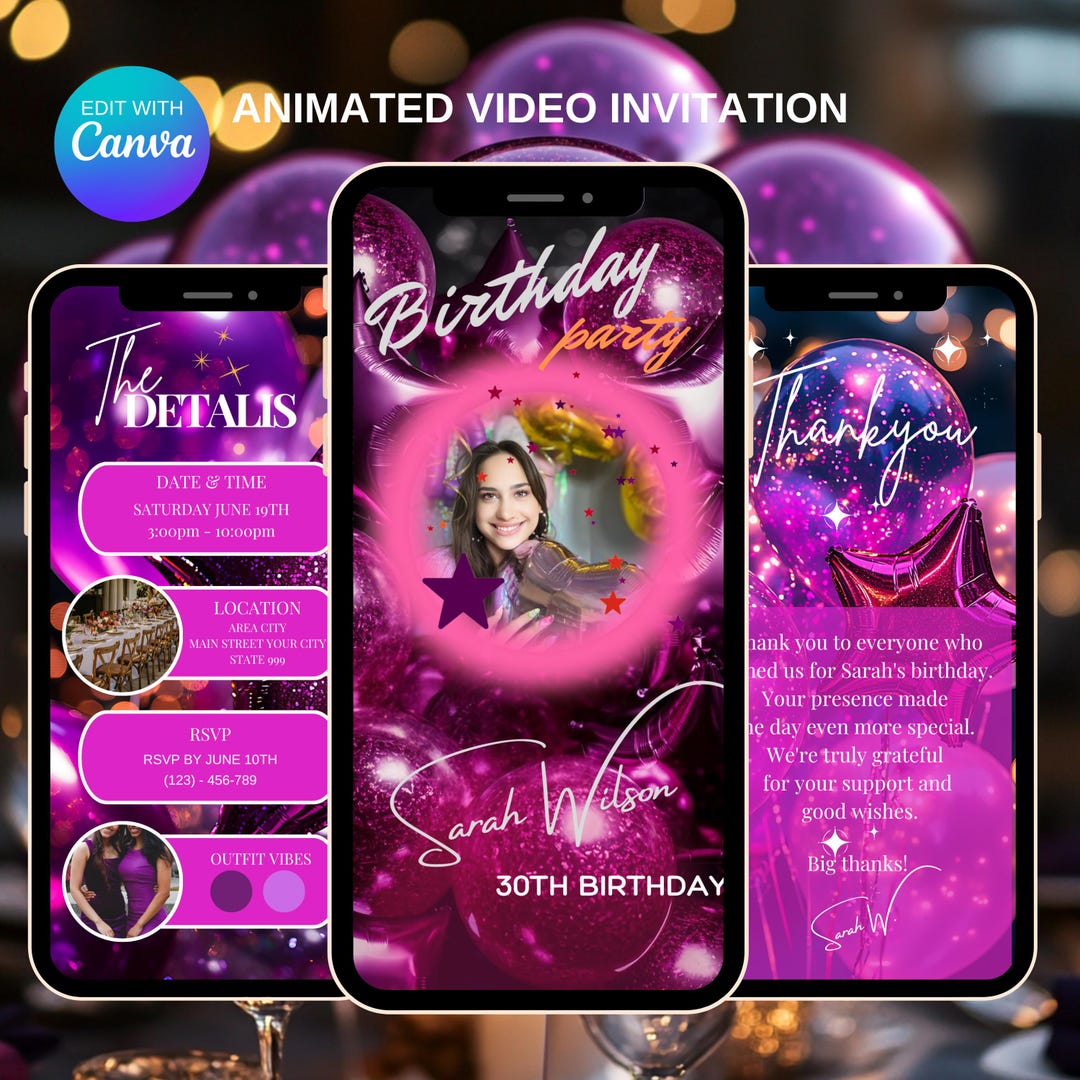 Animated Birthday Invitation Animated Dinner Invite Digital Purple ...