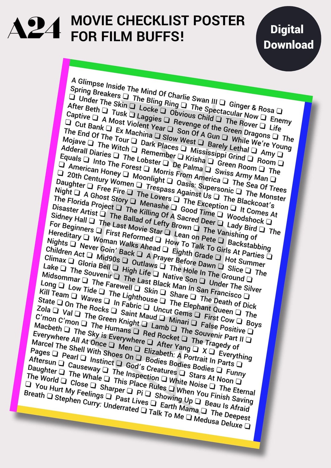 A24 Movie Checklist Poster Digital Download Every A24 Film List Print ...