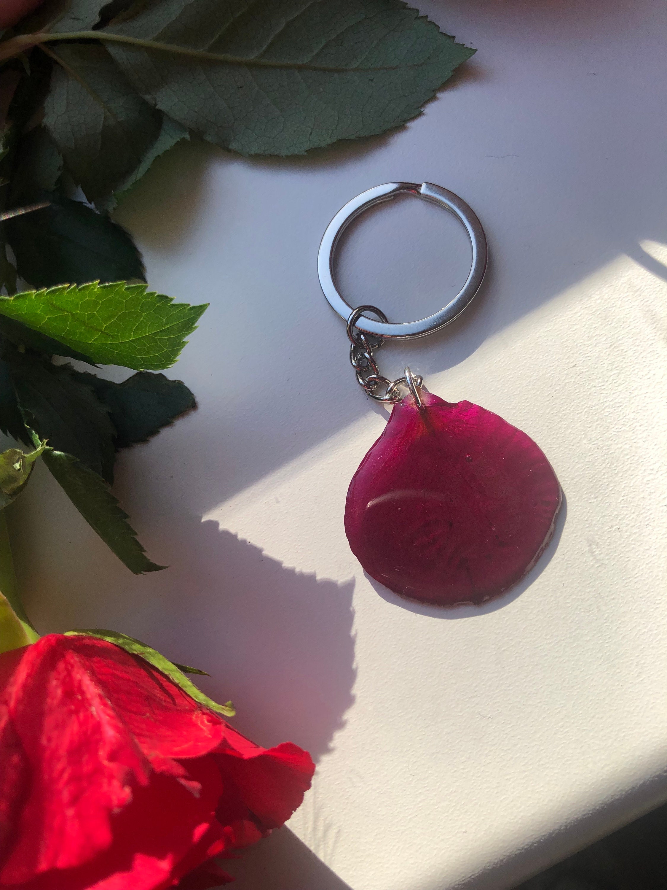 Rose Petal, Pressed Flower, Floral, Resin, Silver Keyring With Letter ...
