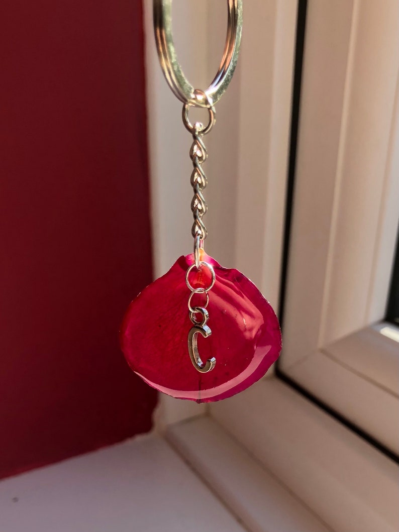 Rose Petal, Pressed Flower, Floral, Resin, Silver Keyring With Letter ...