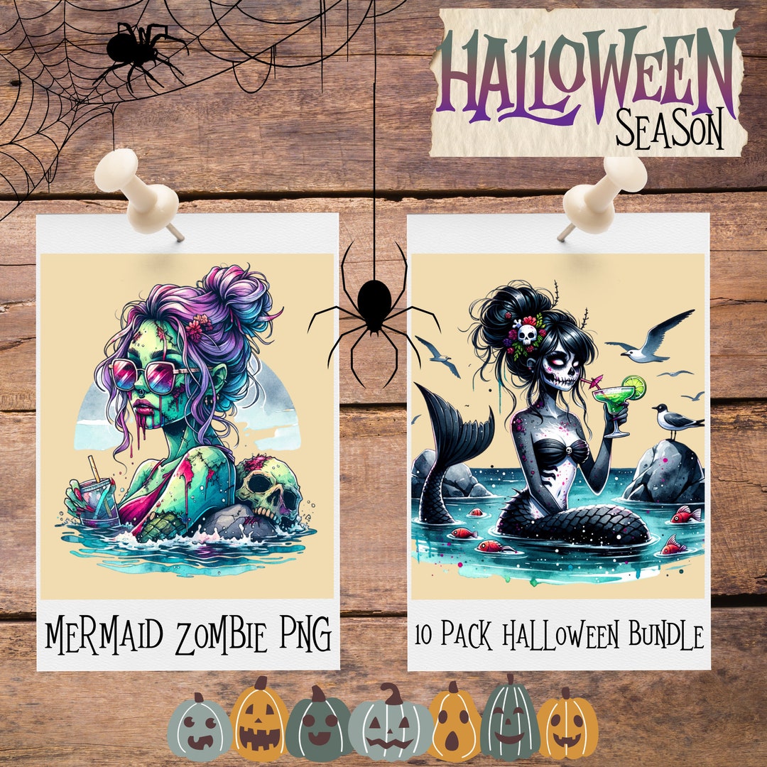 Zombie Mermaid Clipart Bundle, a Cartoon of a Mermaid Holding a Drink ...