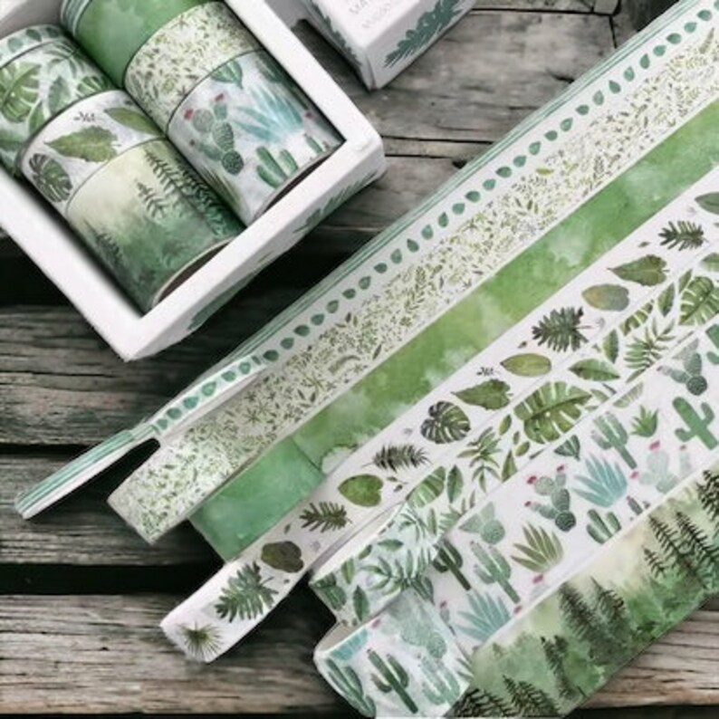 8 Green Nature Themed Washi Tapes of Various Thicknesses, Scrapbook ...