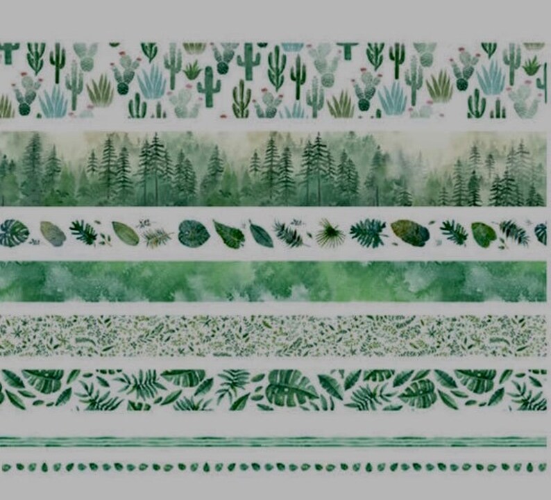 8 Green Nature Themed Washi Tapes of Various Thicknesses, Scrapbook ...