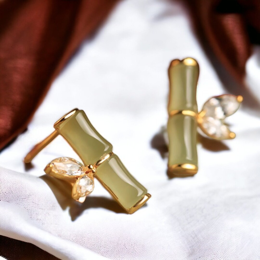 Jade Bamboo Earrings With Diamonds, Bamboo Stud Earrings, Green Jade ...