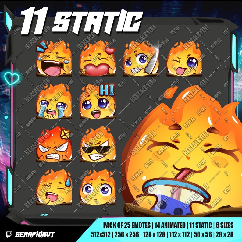 25 Emotes | Chibi Flame Twitch Emote | Cute Fireball | Flame | Fire ...