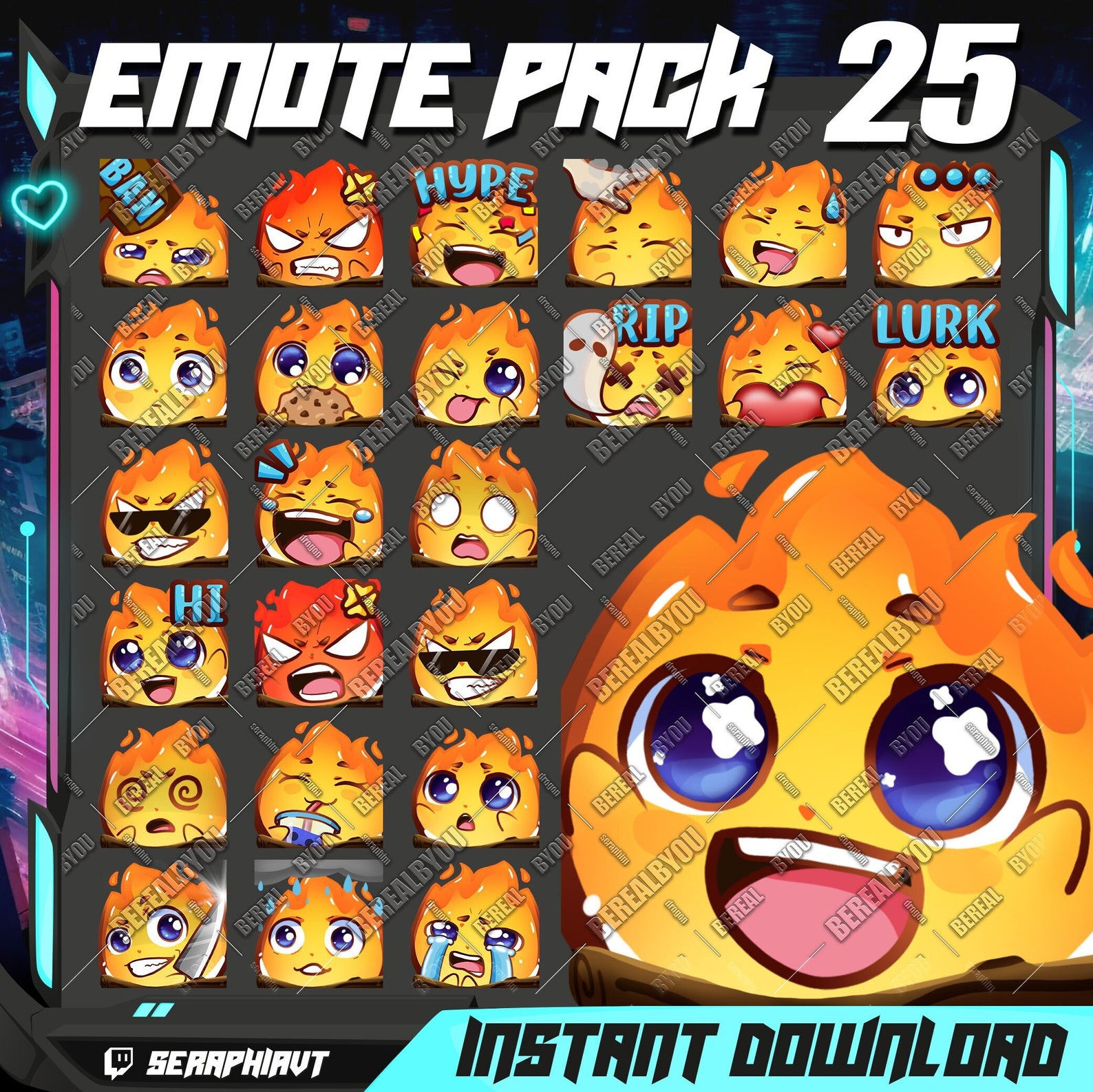 25 Emotes | Chibi Flame Twitch Emote | Cute Fireball | Flame | Fire ...
