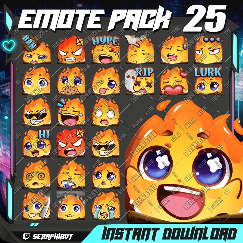 25 Emotes | Chibi Flame Twitch Emote | Cute Fireball | Flame | Fire ...