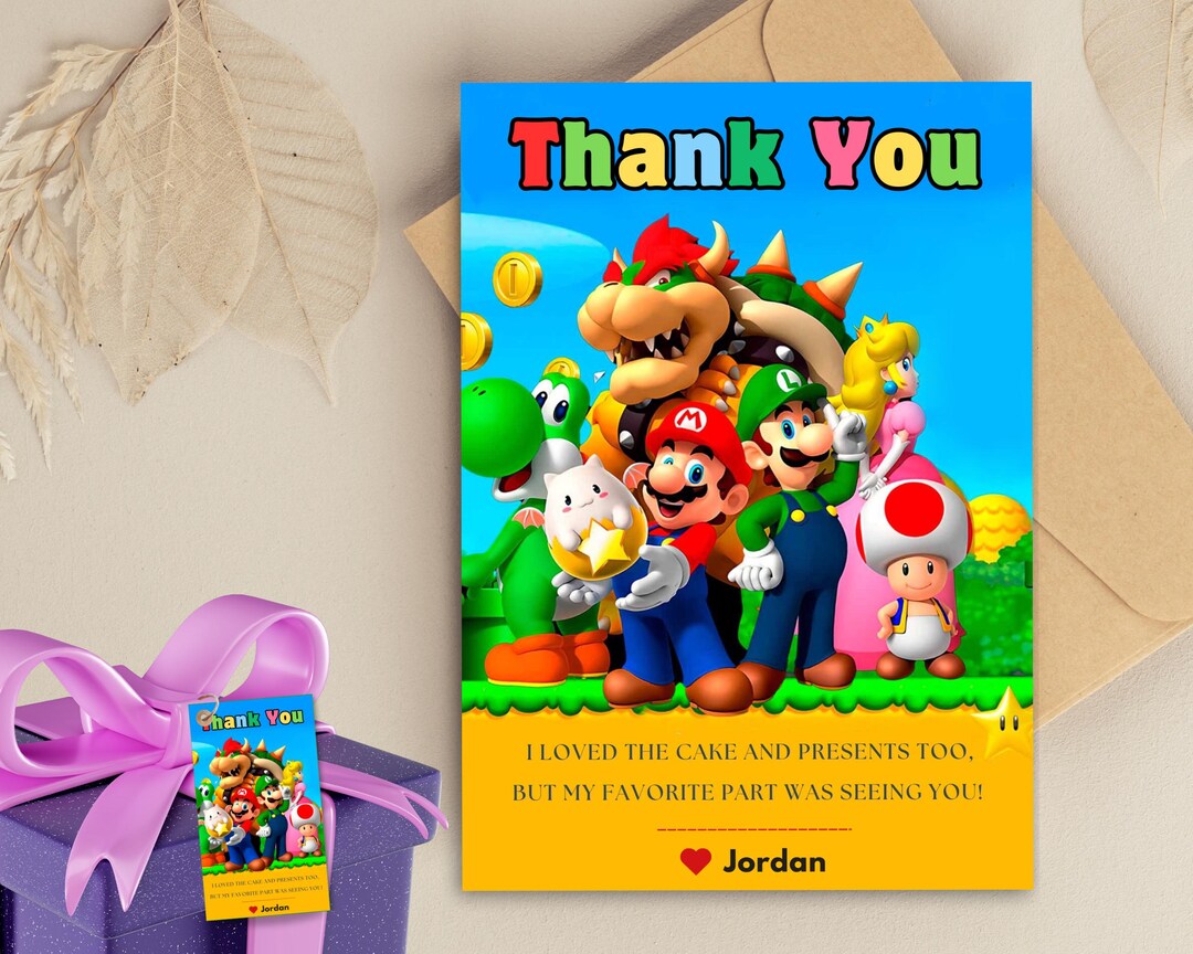 Super Mario Bros Thank You Card Super Mario Party Favors Mario ...