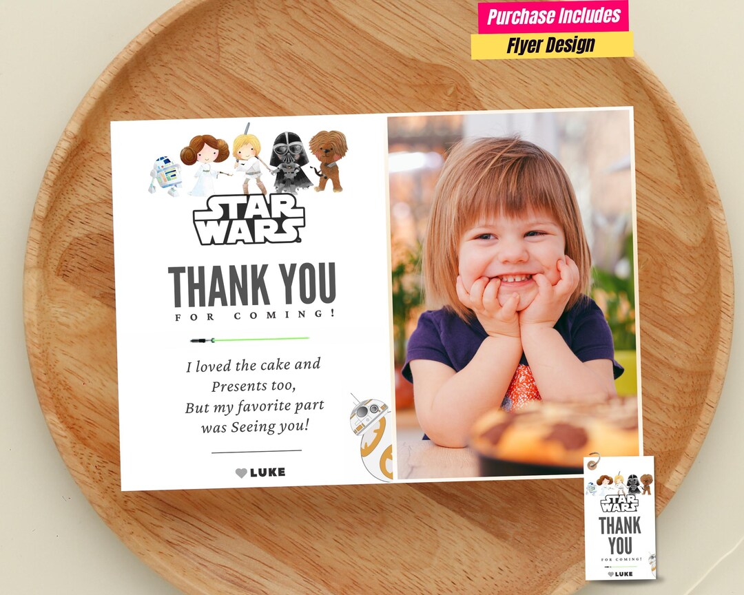 Star Wars Thank You Card With Photo Star Wars Birthday Thank You Photo ...