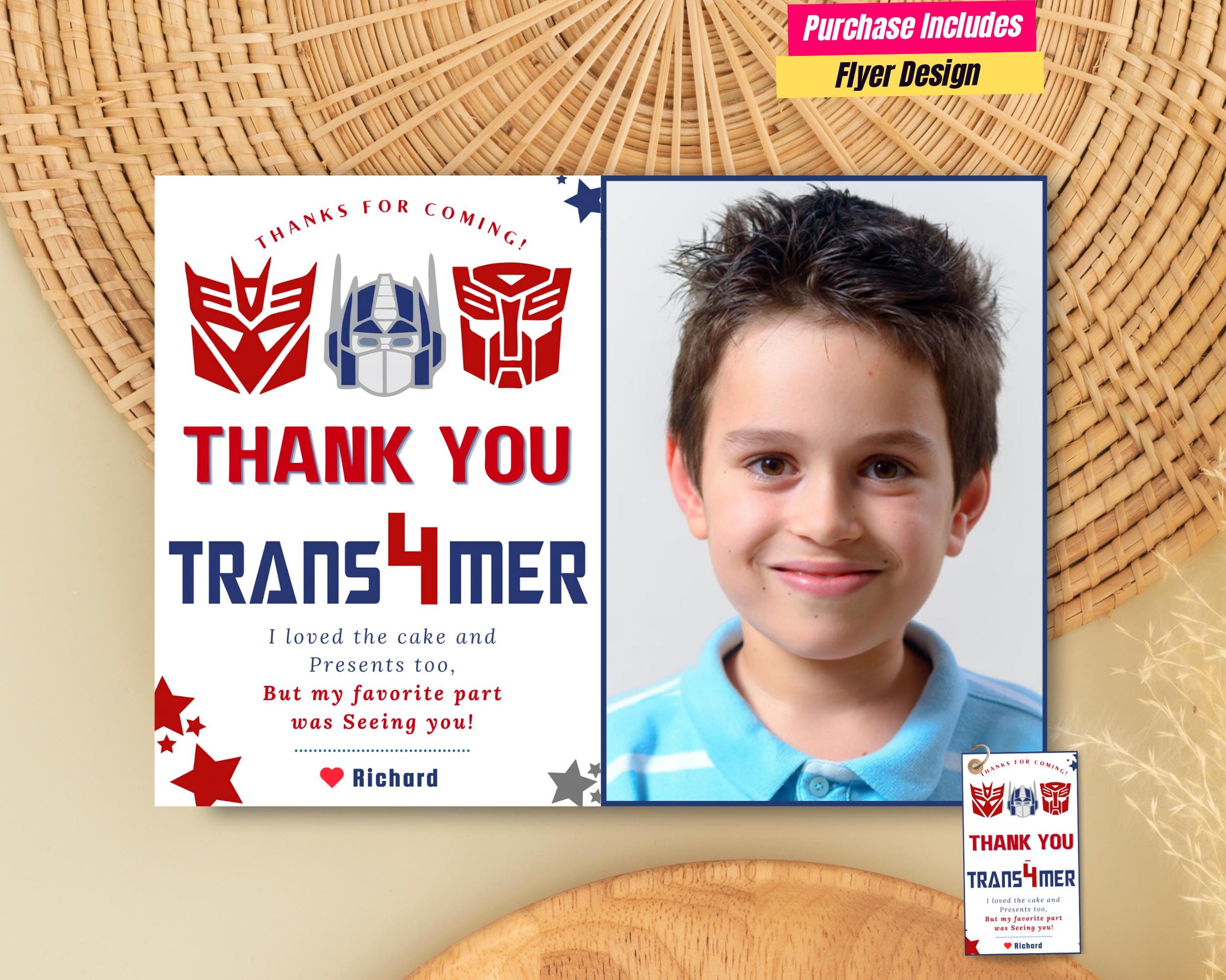 Transformers Birthday Thank You Photo Card Transformer Thank You Tag ...