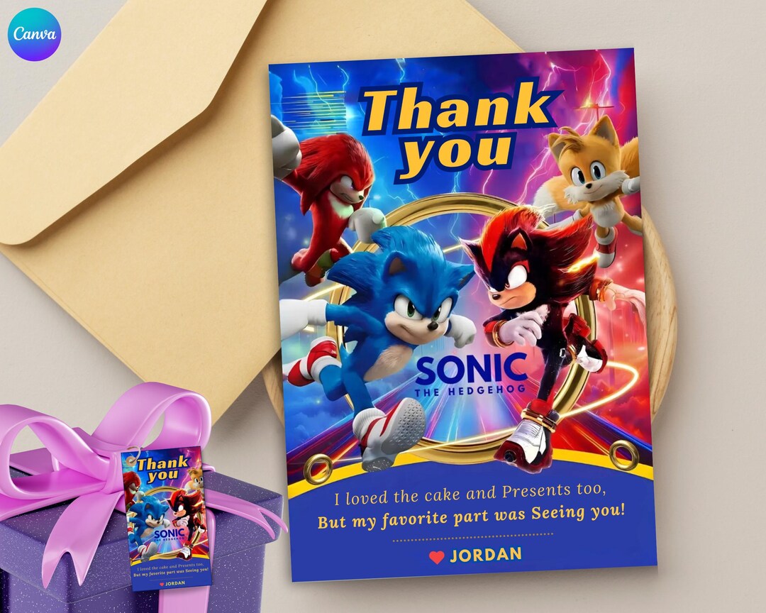 Sonic Editable Birthday Thank You Card Hedgehog Party Thank You ...