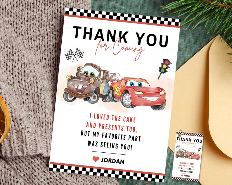 Cars Birthday Thank You Card Cars Lightning Mcqueen Party Cars Return ...