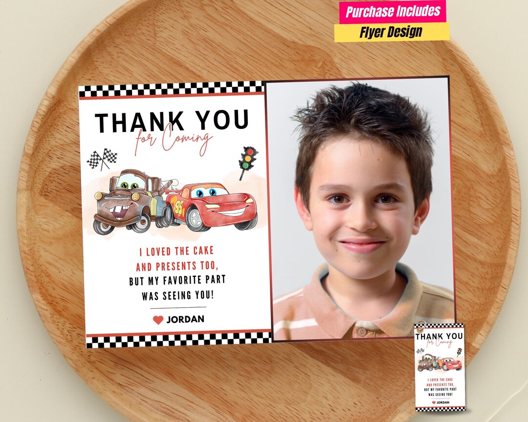 Cars Birthday Thank You Card With Photo Cars Lightning Mcqueen Birthday ...