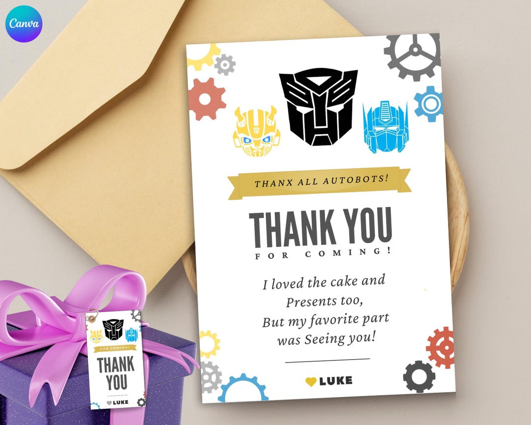Rescue Bots Thank You Card Optimus Prime Thank You Autobots Party Gift ...