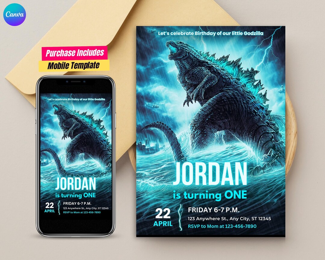 Editable Godzilla Invitation Godzilla Boys Birthday Invitation Godzilla ...