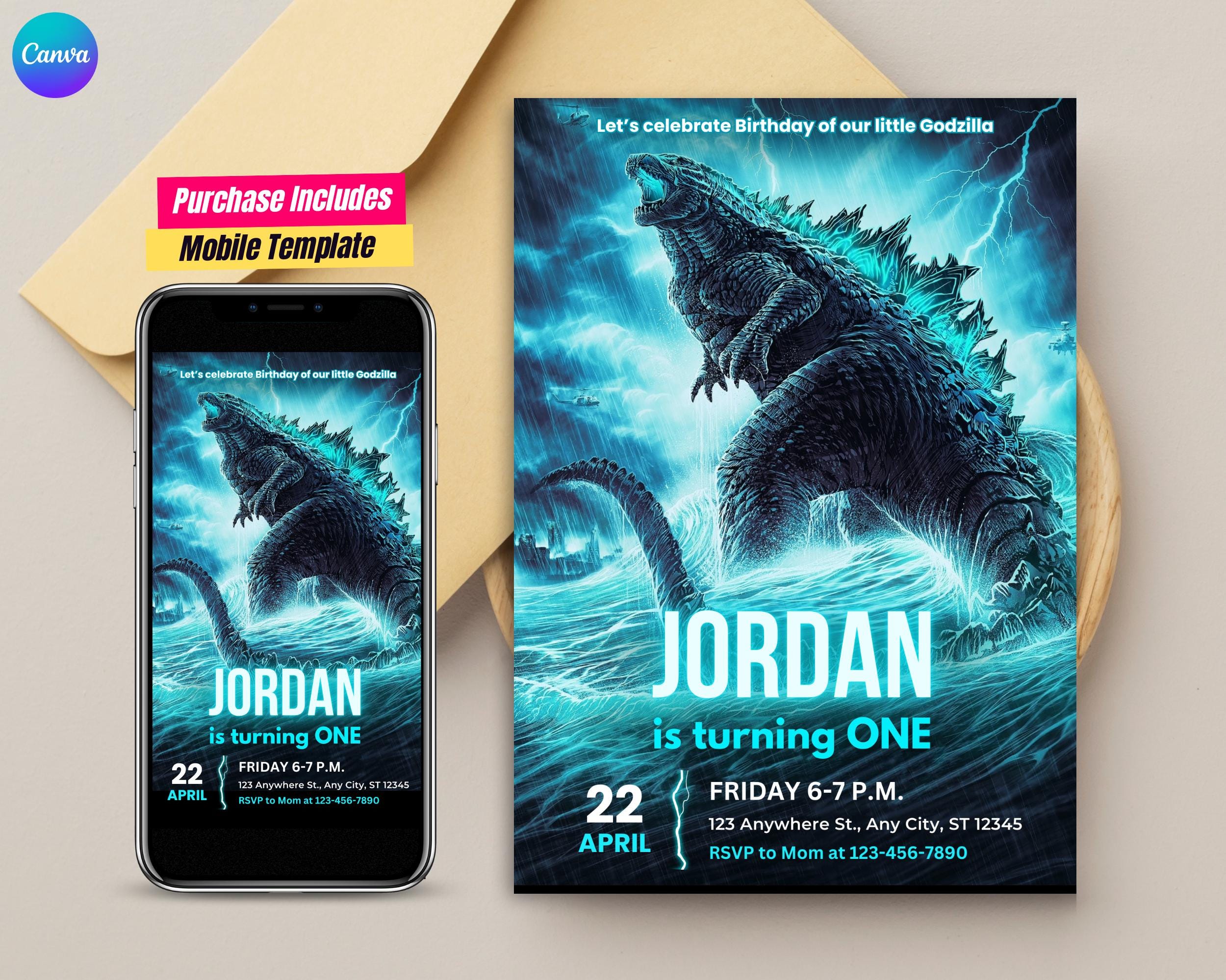 Editable Godzilla Invitation Godzilla Boys Birthday Invitation Godzilla ...