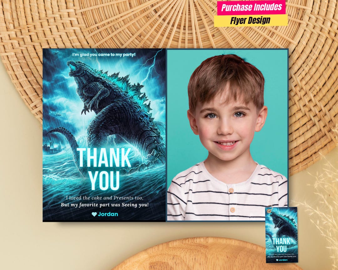 Godzilla Thank You Card With Photo Godzilla Invitation Tag Godzilla ...
