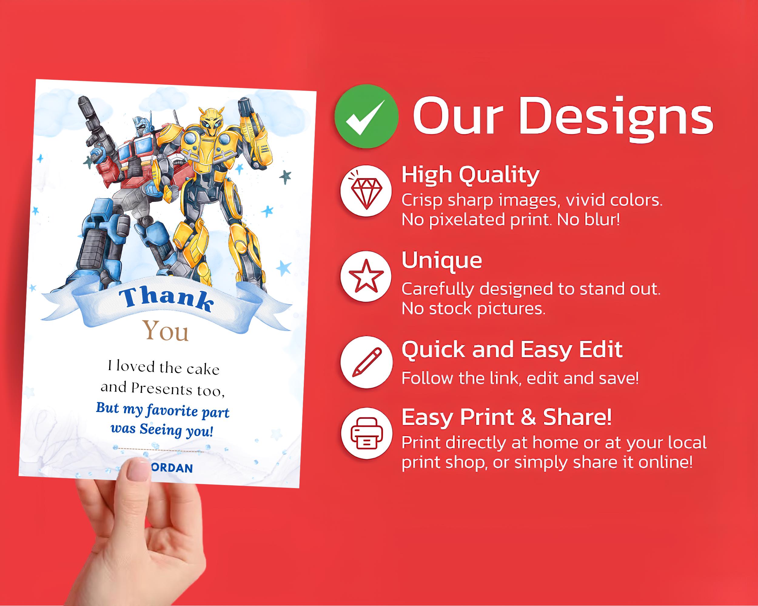 Transformers Birthday Thank You Card Transformers Thank You Tag Printed ...