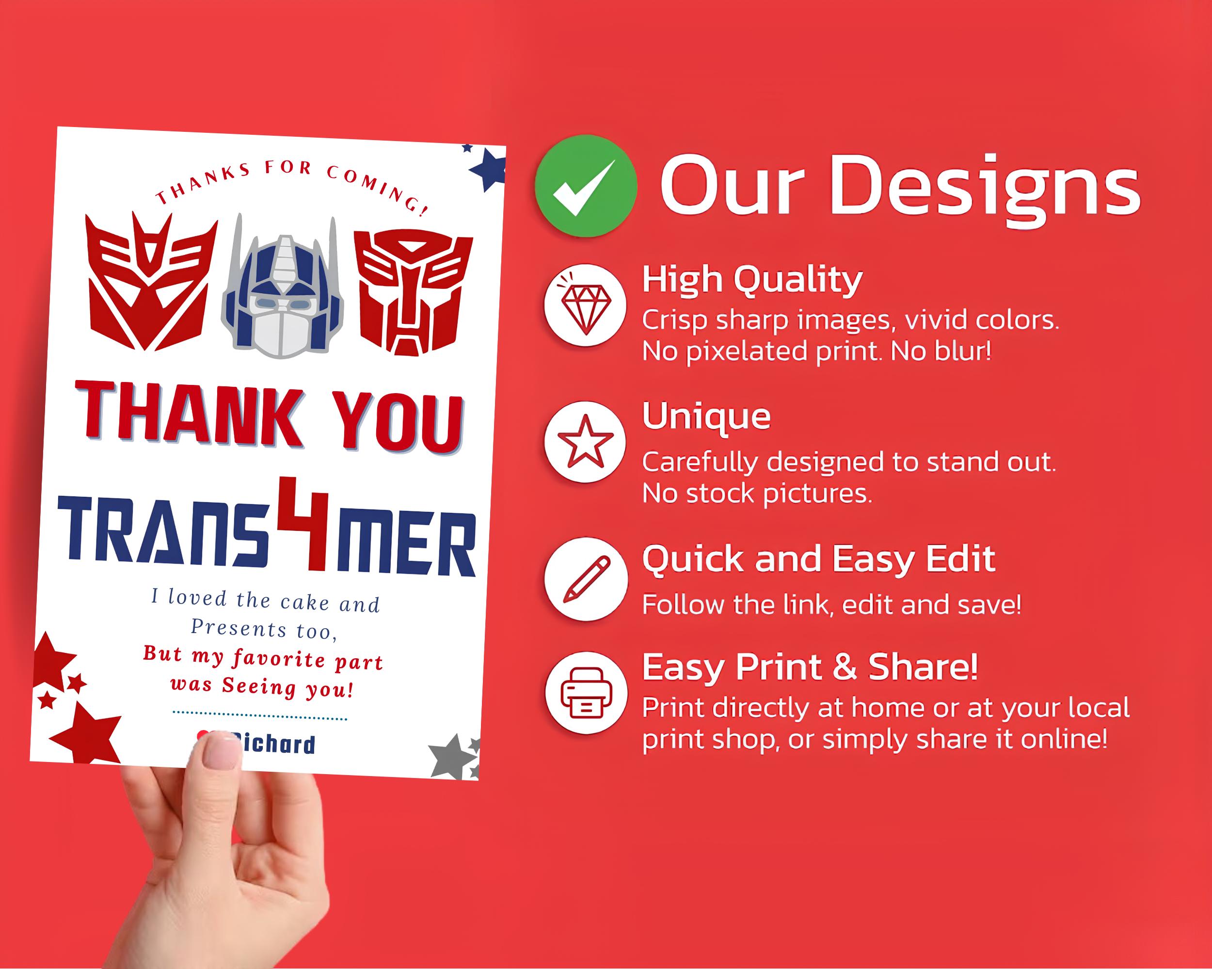 Transformers Birthday Thank You Card Transformers Thank You Tag Printed ...