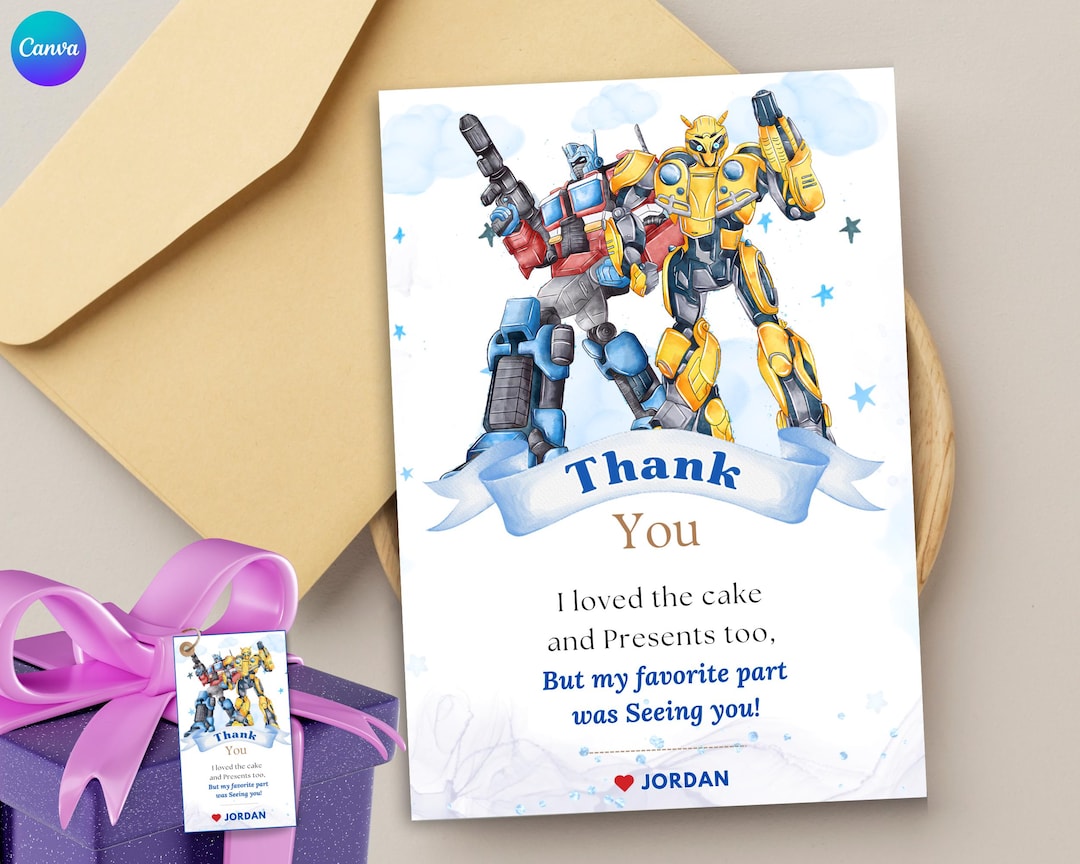 Transformers Birthday Thank You Card Transformers Thank You Tag Printed Optimus Prime ...