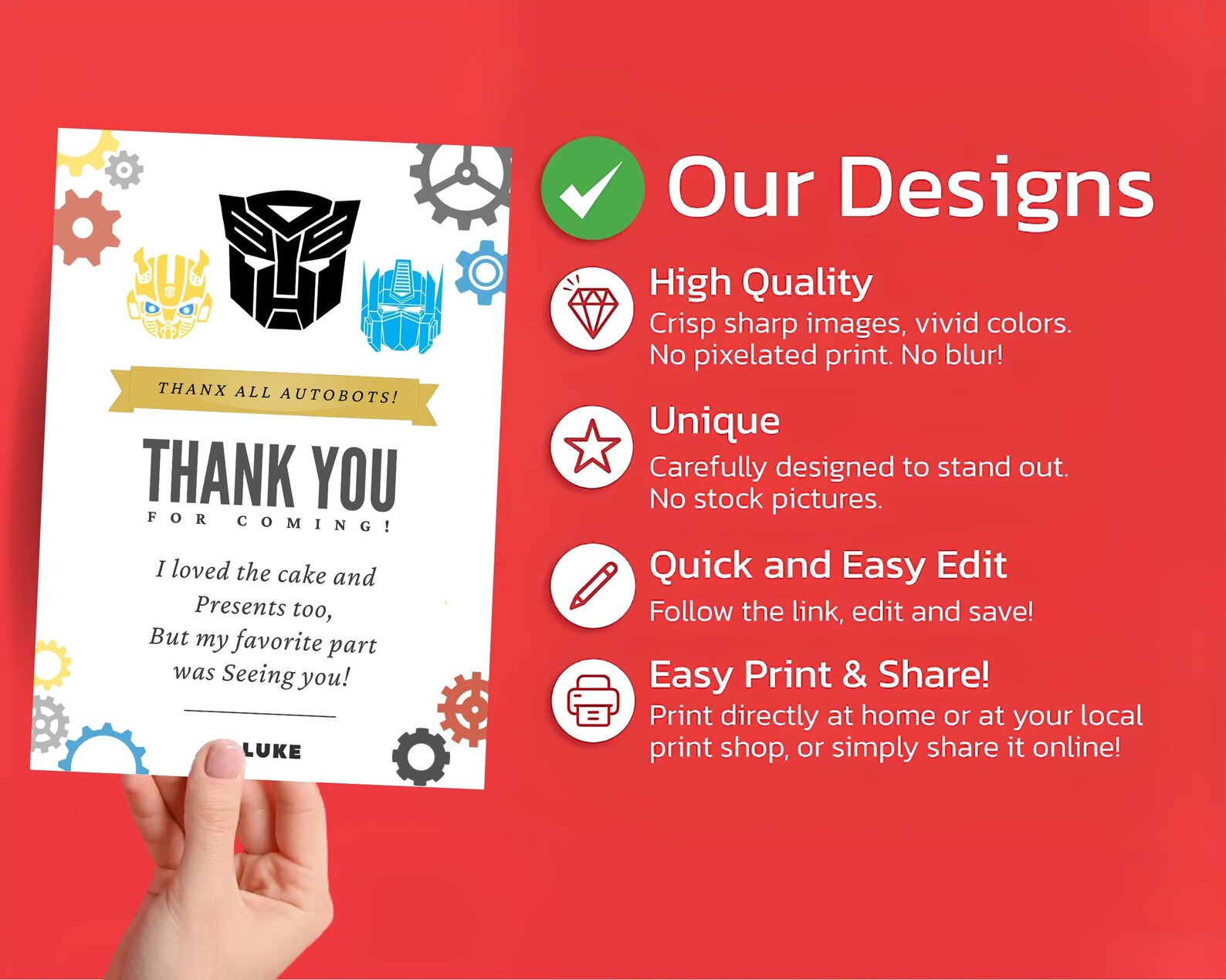 Rescue Bots Thank You Card Optimus Prime Thank You Autobots Party Gift ...