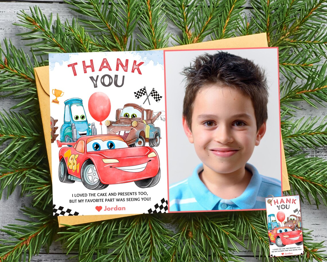 Cars Birthday Thank You Card With Photo Cars Lightning Mcqueen Birthday ...