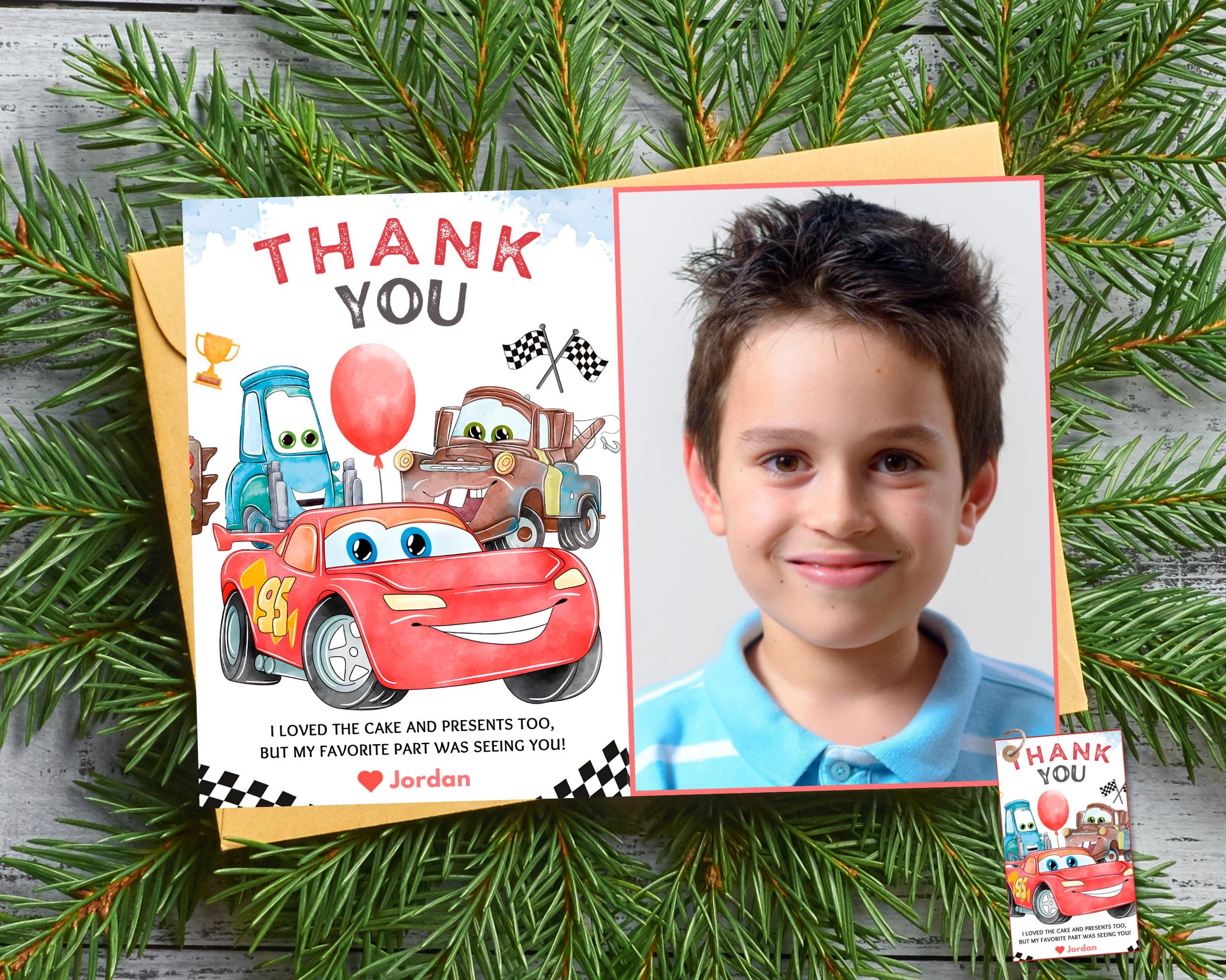 Cars Birthday Thank You Card With Photo Cars Lightning Mcqueen Birthday ...