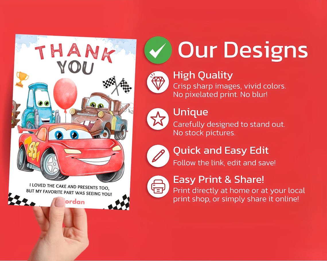 Cars Birthday Thank You Card With Photo Cars Lightning Mcqueen Birthday ...