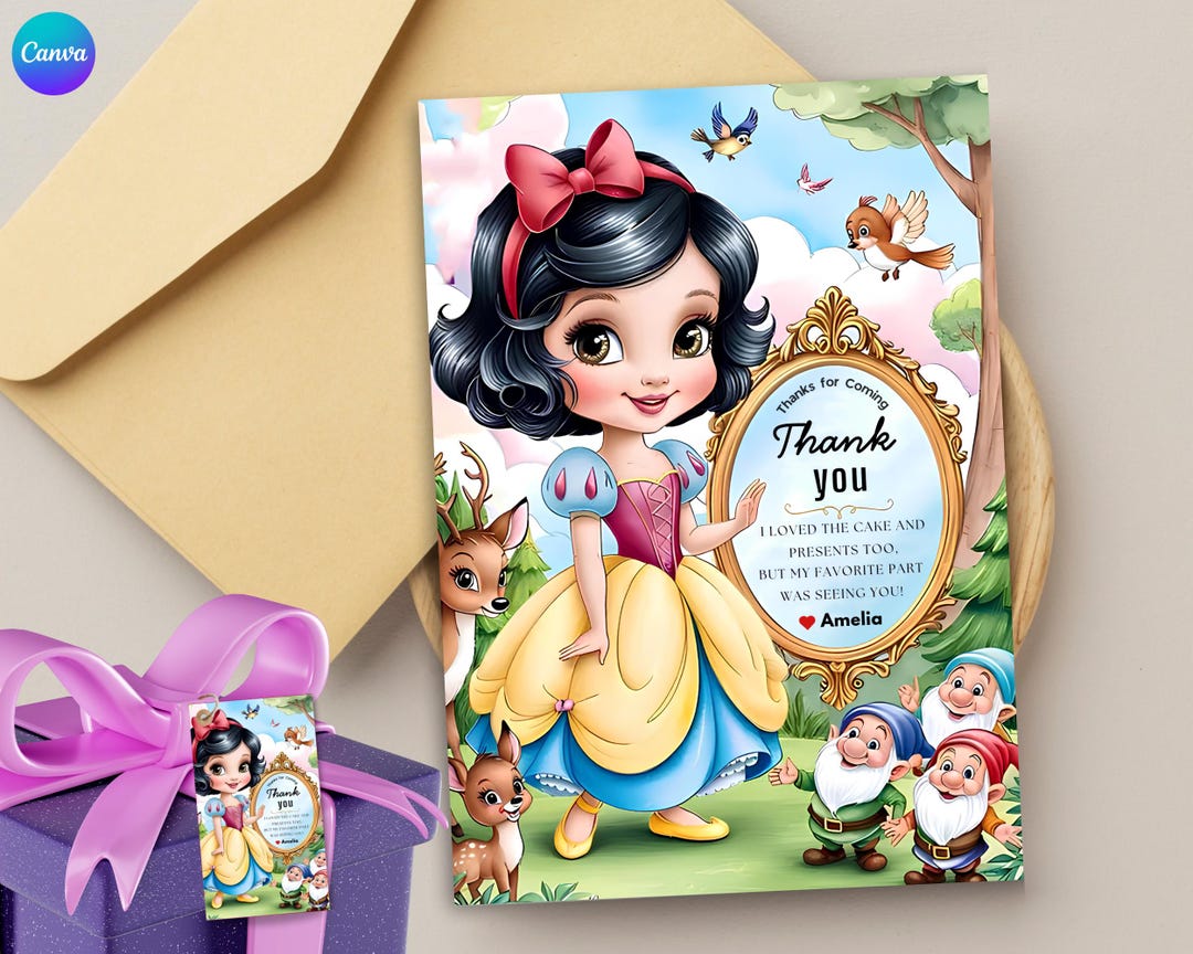 Snow White Birthday Party Thank You Princess Snow White Thank You Card ...
