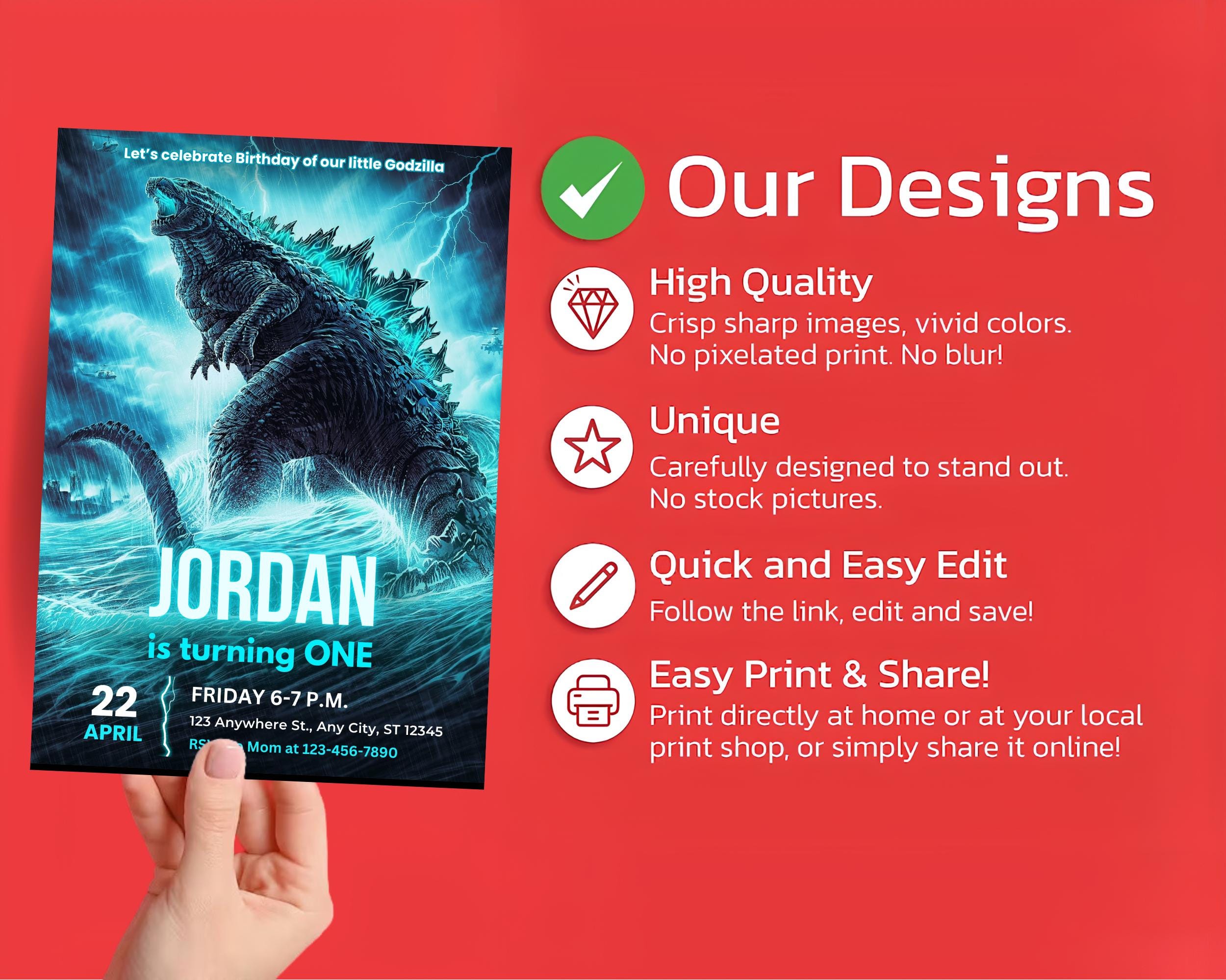 Editable Godzilla Invitation Godzilla Boys Birthday Invitation Godzilla ...