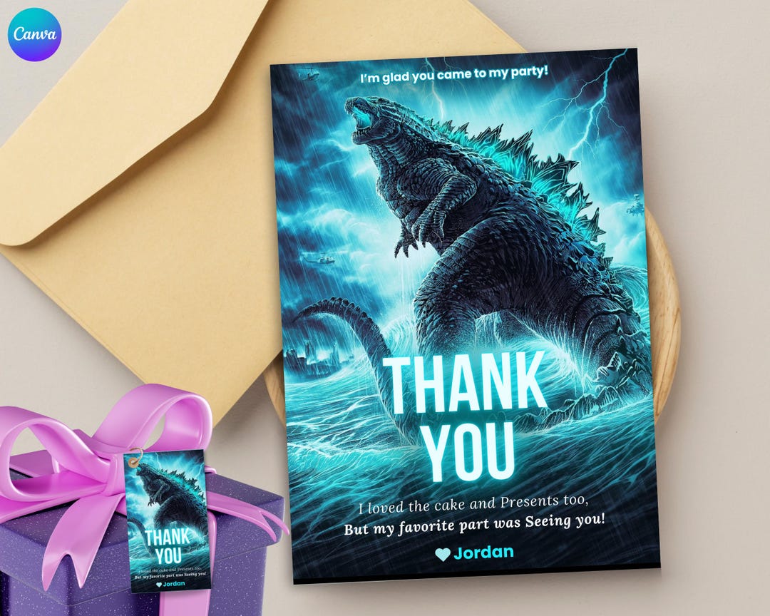 Godzilla Thank You Card Godzilla Invitation Tag Godzilla Birthday Thank ...