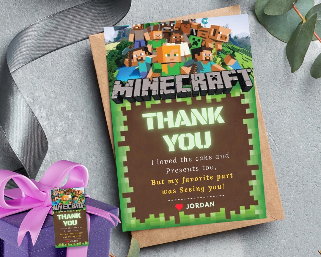 Minecraft Birthday Thank You Card Gamer Thank You Birthday Card ...