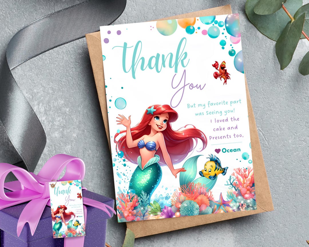 Editable Little Mermaid Thank You Card Princess Ariel Birthday Party ...