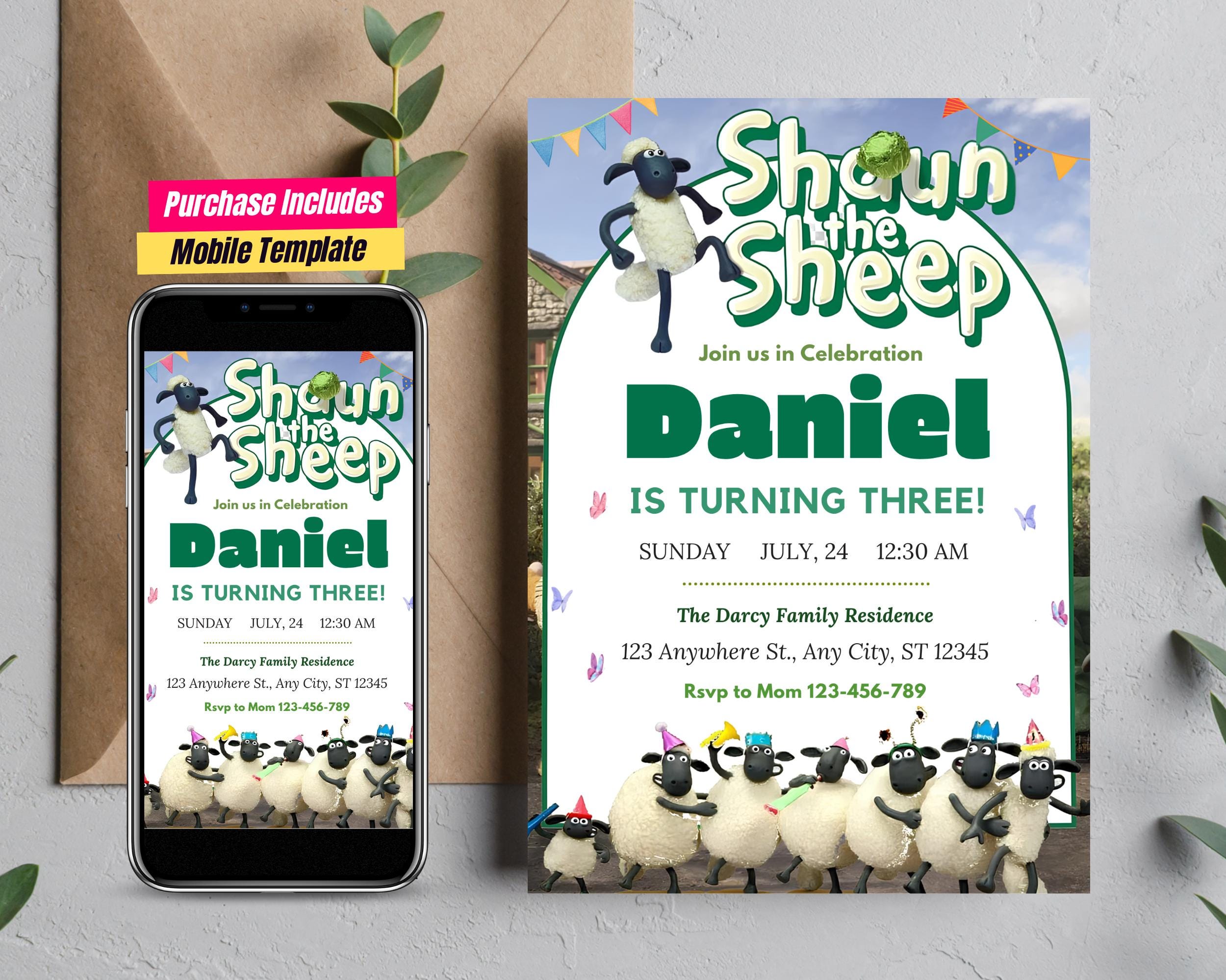 Shaun the Sheep Kids Birthday Invite Shaun the Sheep Invitation With ...