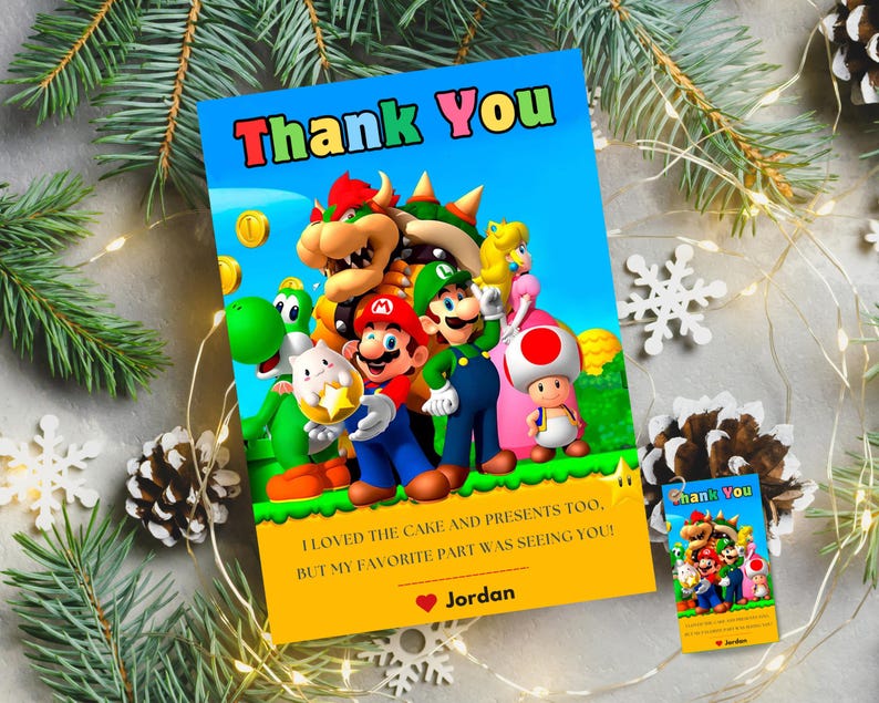 Super Mario Bros Thank You Card Super Mario Party Favors Mario ...