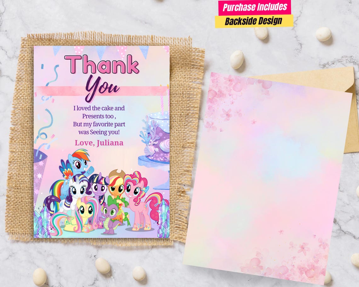 Editable Pony Birthday Thank You Card Unicorn Pony Thank You Card for ...