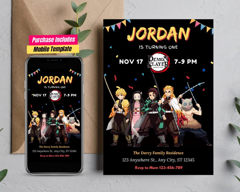 Demon Slayer Birthday Invite With Photo Demon Slayer Invitation Card ...