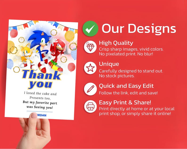 Sonic Themed Thank You Party Card Sonic Inspired Thank You Tags Blue ...