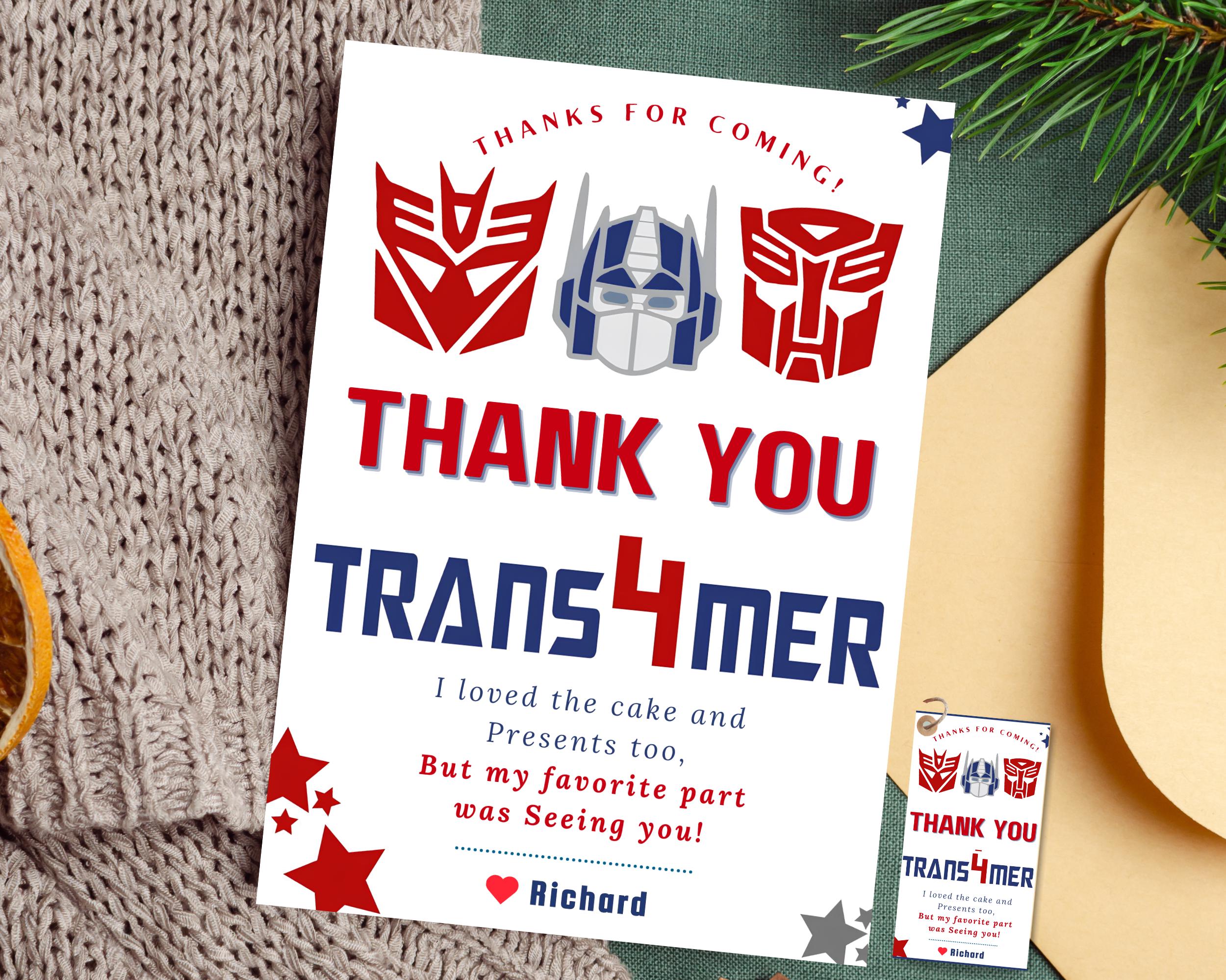 Transformers Birthday Thank You Card Transformers Thank You Tag Printed ...