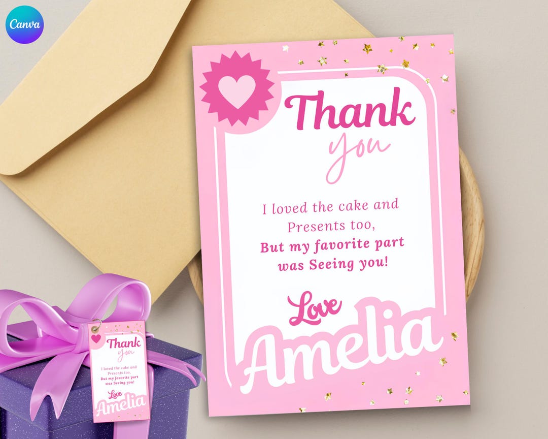 Baby Doll Party Thank You Card Pink Doll Birthday Party Favor Hot Pink ...