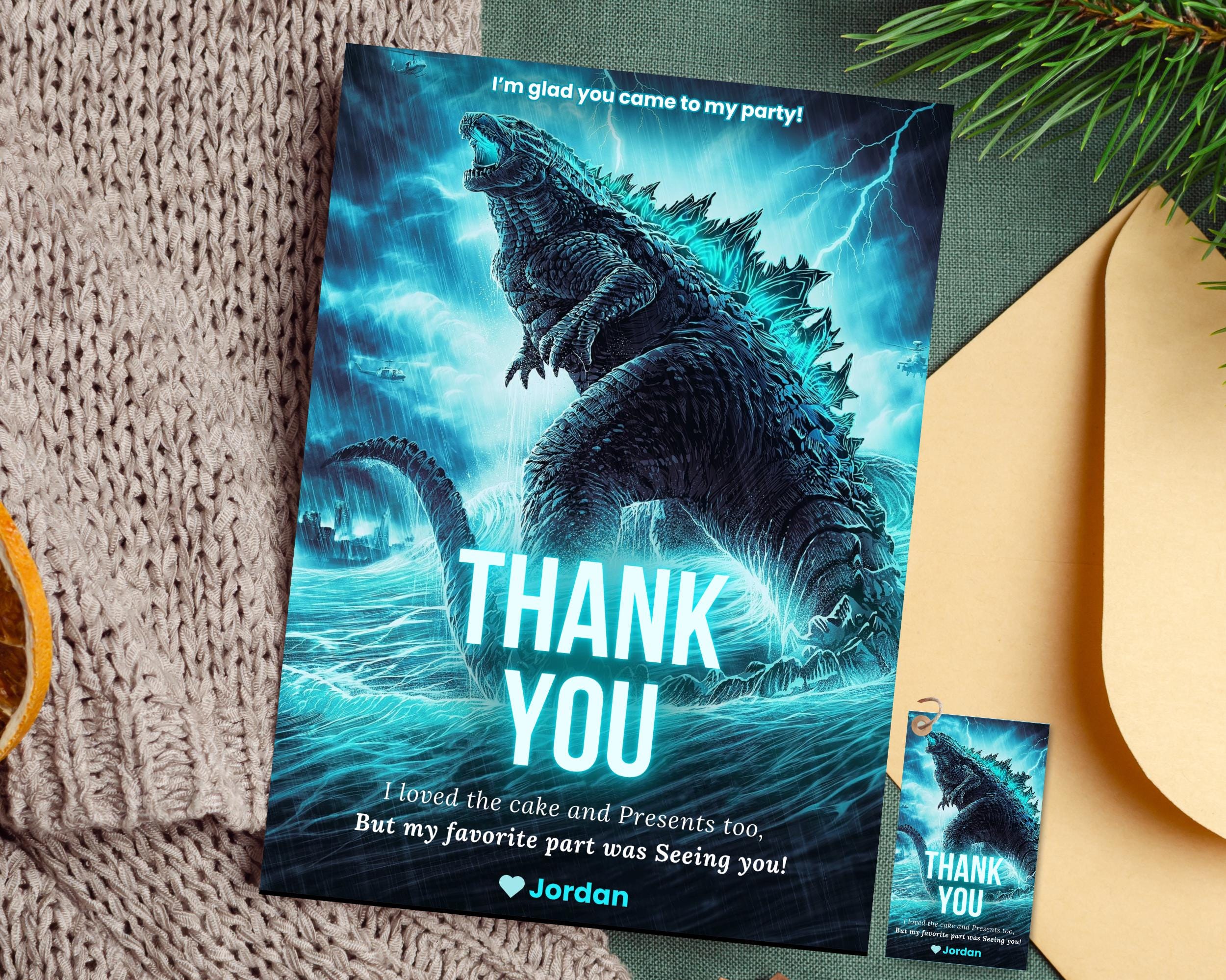 Godzilla Thank You Card Godzilla Invitation Tag Godzilla Birthday Thank ...