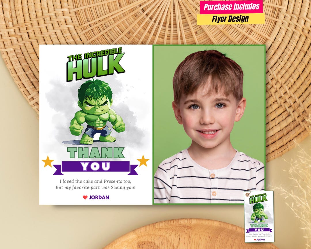 The Incredible Hulk Thank You Card With Photo Hulk Superhero Thank You ...